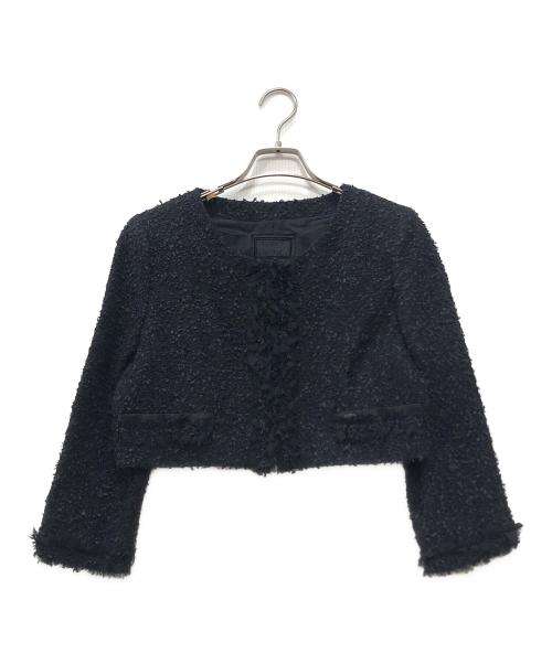 【中古】フォクシー FOXEY スワローテイルツイード ジャケット ウール 40 黒 ブラック クロップド ショート丈 中古・古着通販】FOXEY (フォクシー) ノーカラーツイードジャケット